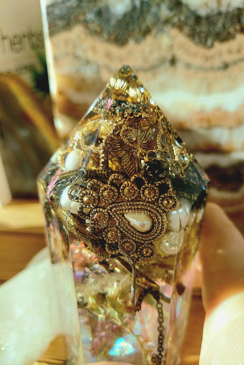 Grandma's Jewelry Upcycled Table Top Decorative Resin Crystal Tower Art ...