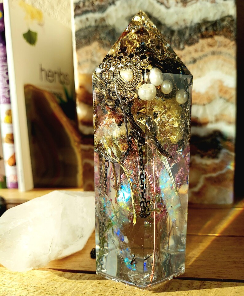 Grandma's Jewelry Upcycled Table Top Decorative Resin Crystal Tower Art ...
