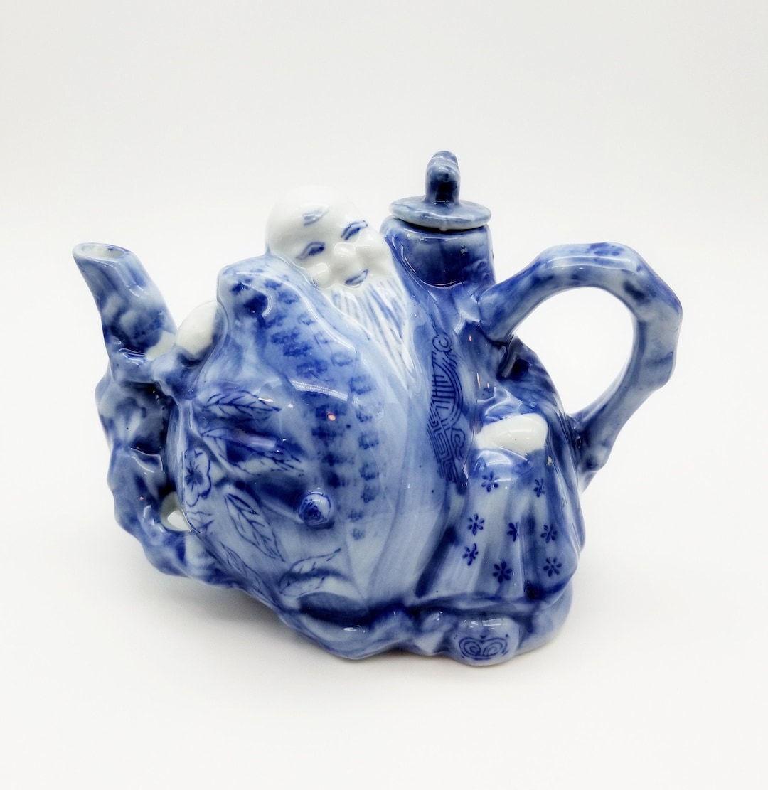 Vintage Shou Xing God Teapot: Blue and White Porcelain Figural Teapot ...