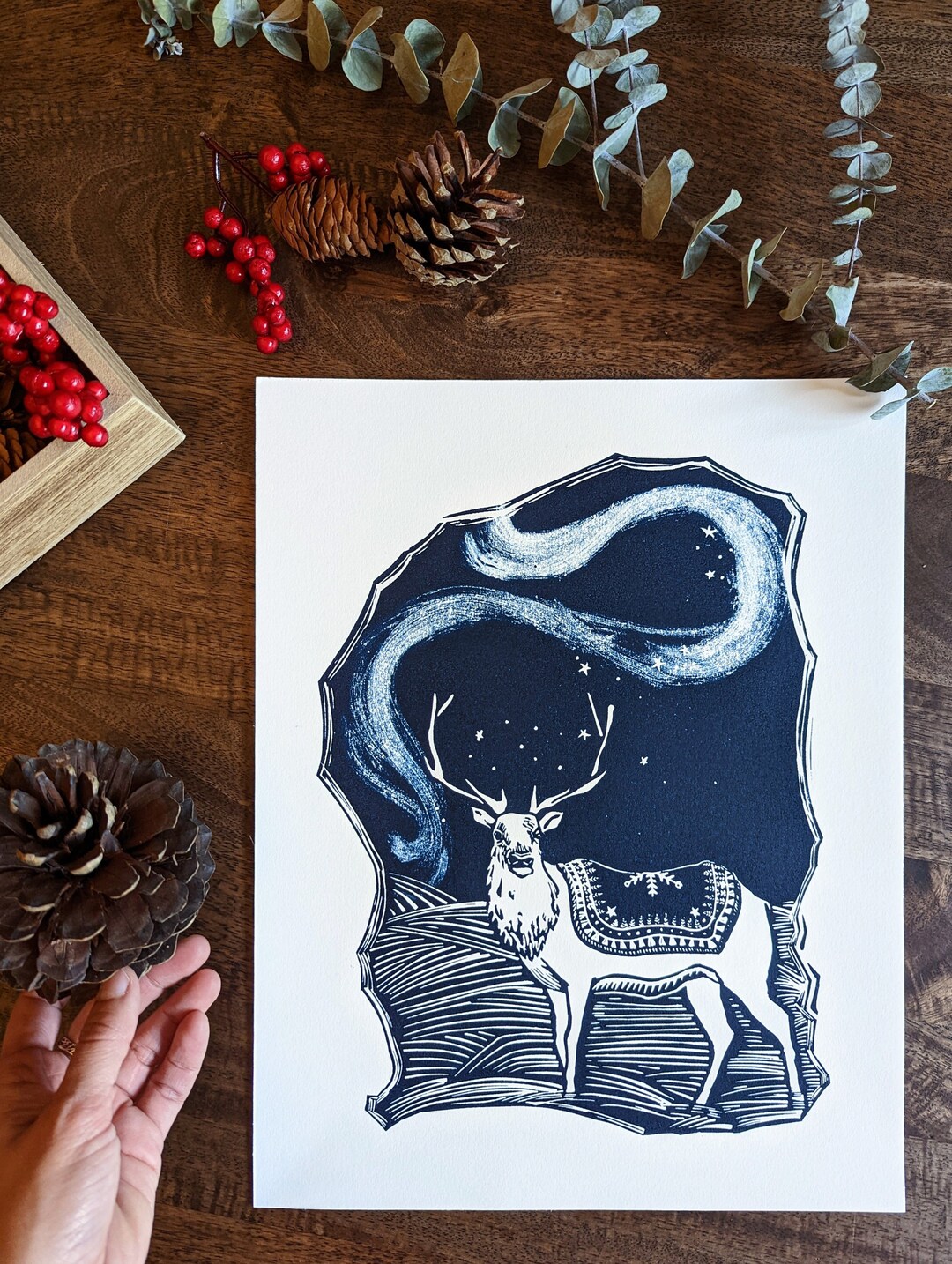 STARRY NIGHTS - Linocut Print - Handprinted Original Art -elk Reindeer ...
