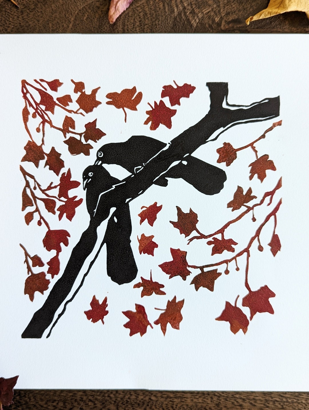 CROWS CUDDLE - Hand Printed Multi Color Block Print of Two Crows on a ...