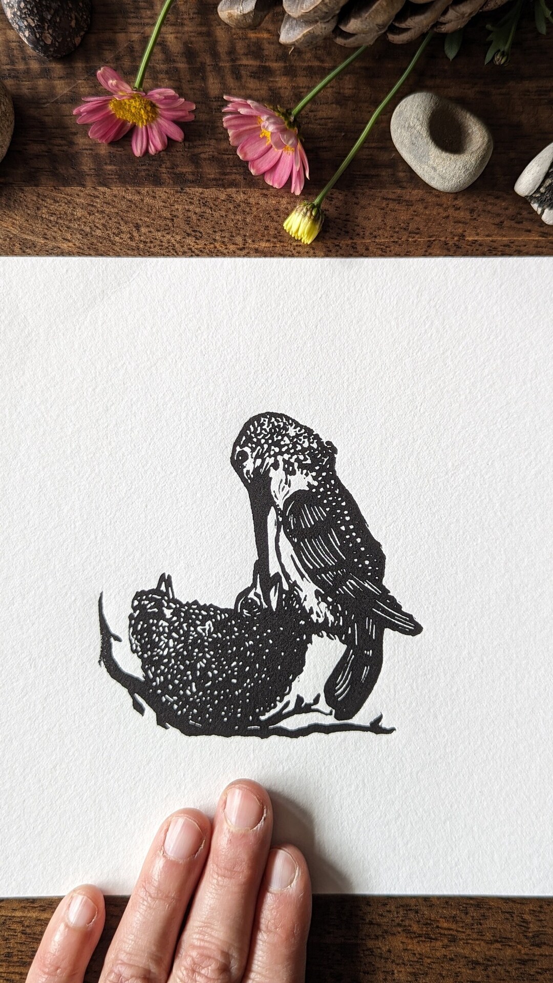 NURTURE Handmade Linocut Print Hummingbird Nest Bird Art Original Block ...