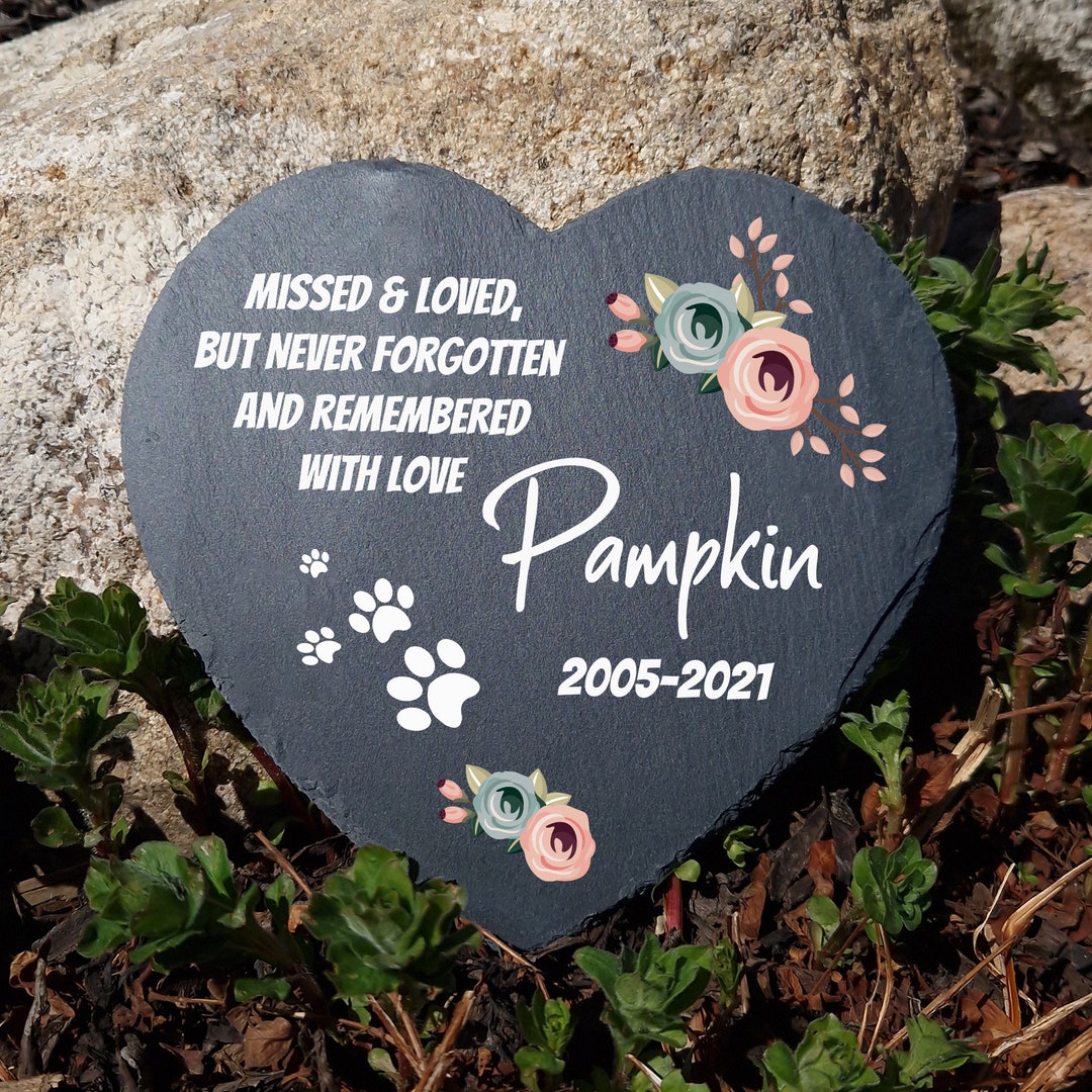 Custom Made Heart Shape Natural Dark Gray Slate Pet Memorial Plaque Cat ...