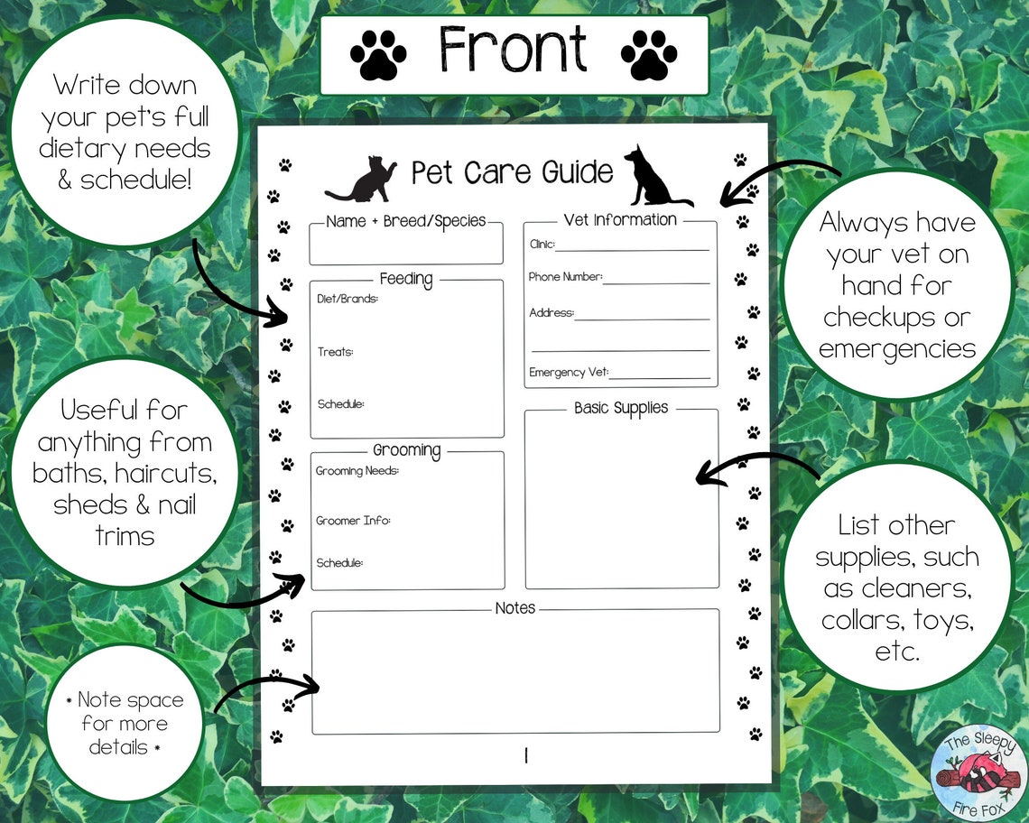 Pet Care Guide Printable Pet Care Sheet Standard Letter Paper 8.5 X 11 ...