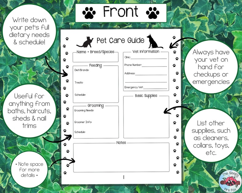 Pet Care Guide Printable Pet Care Sheet Standard Letter Paper 8.5 X 11 ...