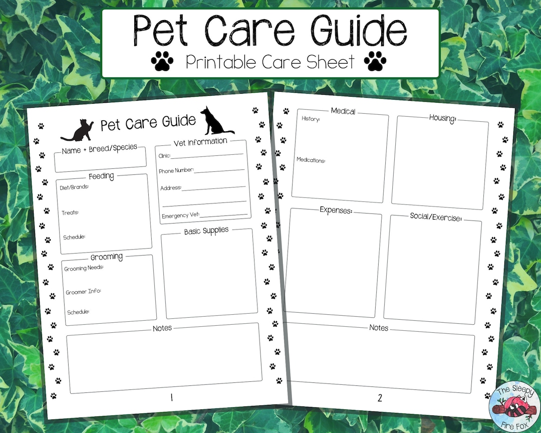 Pet Care Guide Printable Pet Care Sheet Standard Letter Paper 8.5 X 11 ...