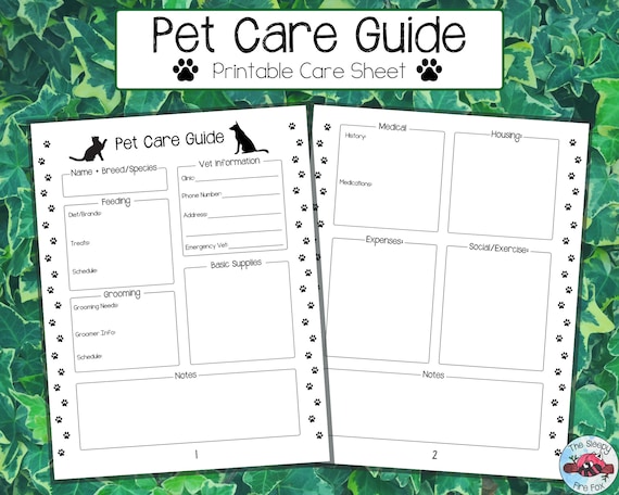 Pet Care Guide Printable Pet Care Sheet Standard Letter | Etsy