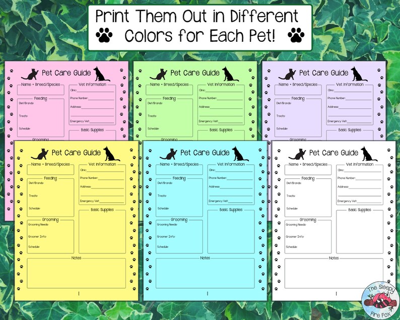 Pet Care Guide Printable Pet Care Sheet Standard Letter Paper 8.5 X 11 ...