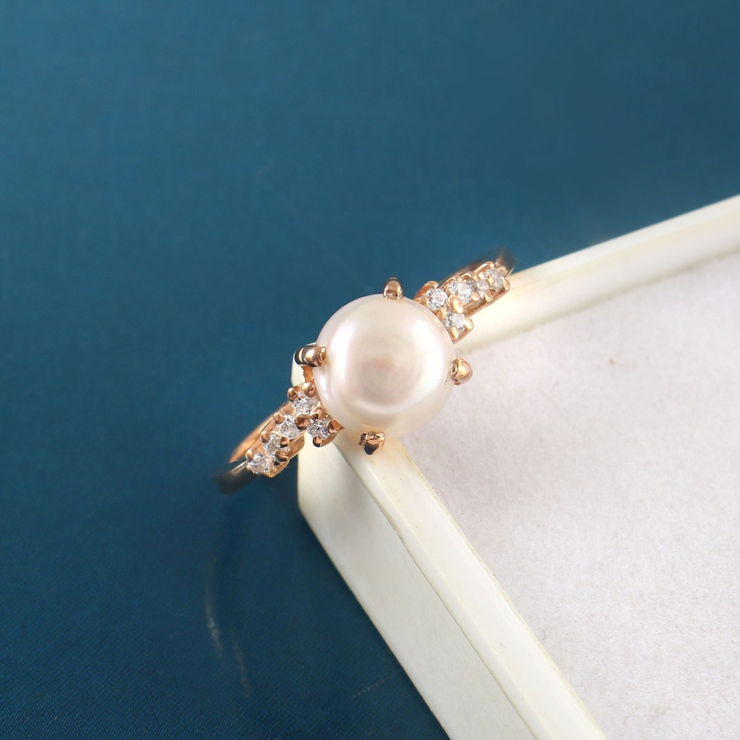 Rose Gold Pearl Engagement Ring Set: Sterling Silver, Simulated Diamond ...