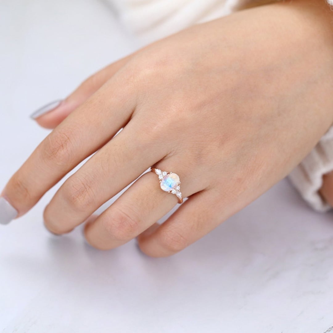 Moonstone Engagement Ring, Oval Cut Moonstone Ring, Rainbow Moonstone ...