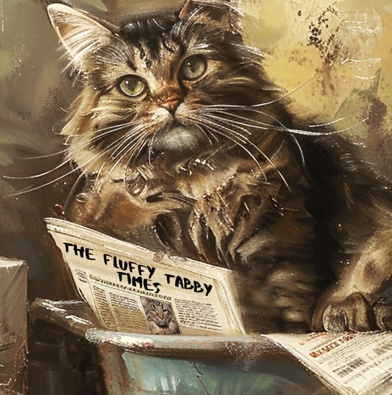 Fluffy Tabby Times Printable Unique Artwork, Kitty Throne, Cat Reading ...
