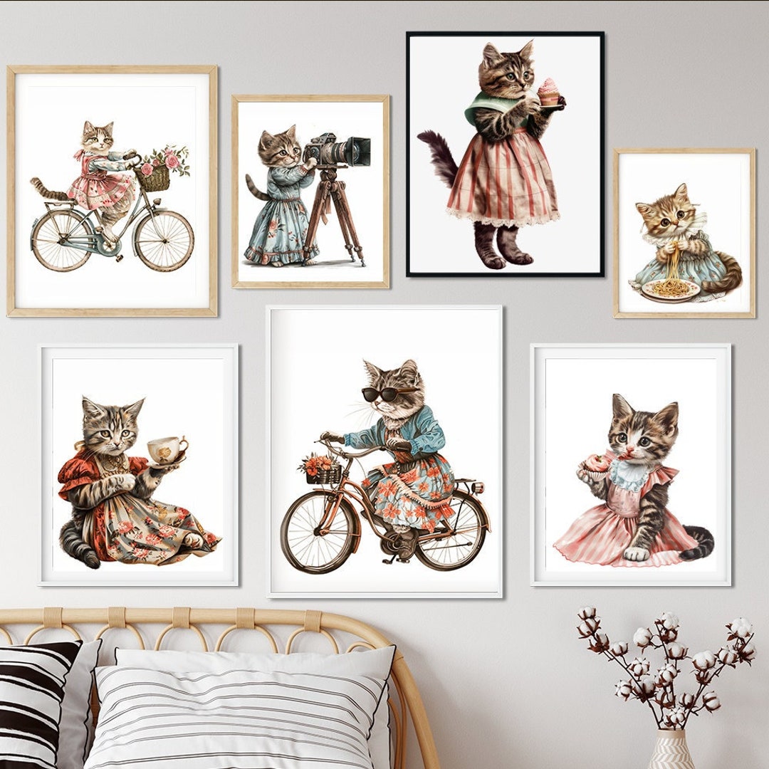 Printable Vintage Cats Collection of 20 Artworks, Wall Art Digital ...