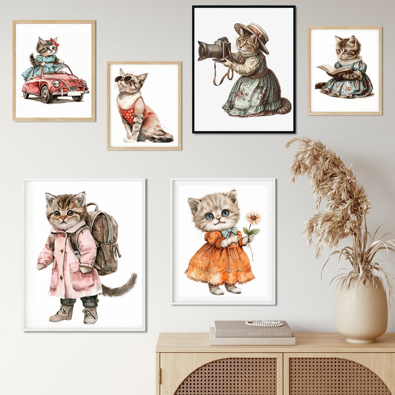 Printable Vintage Cats Collection of 20 Artworks, Wall Art Digital ...
