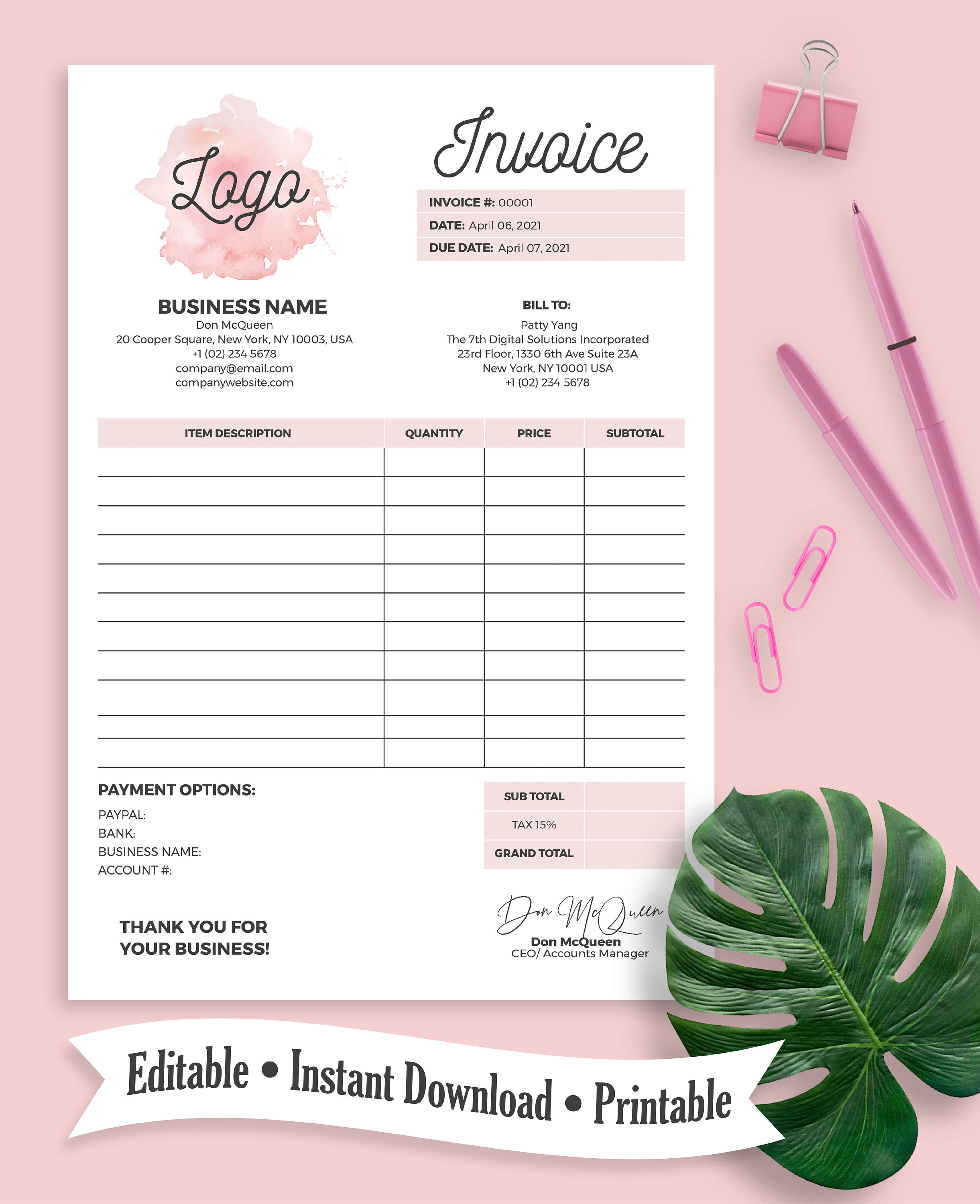 Invoice Template Printable Invoice Invoice Template | Etsy