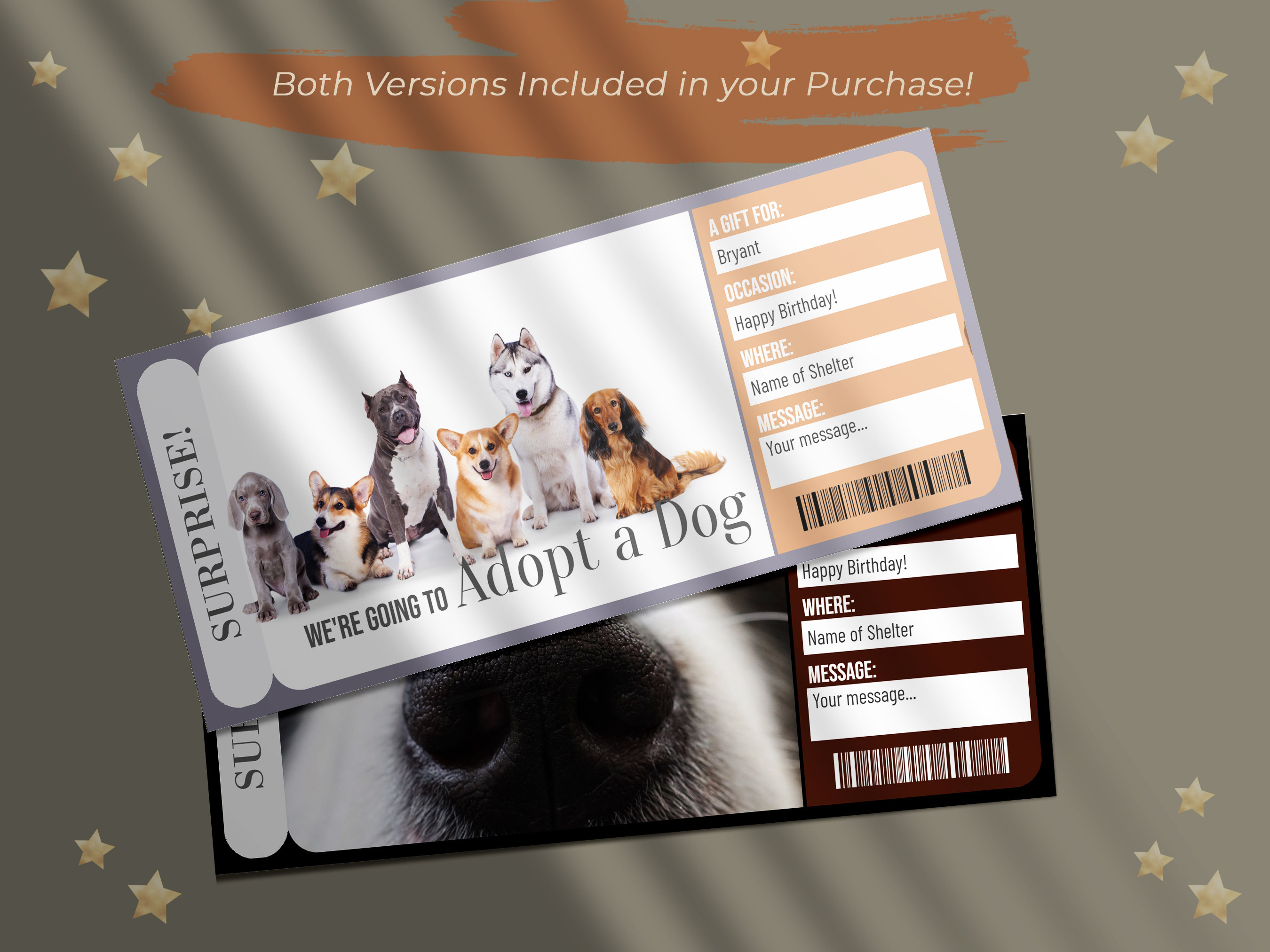 Printable DOG ADOPTION Surprise Reveal Ticket, Adopt a PUPPY Gift ...
