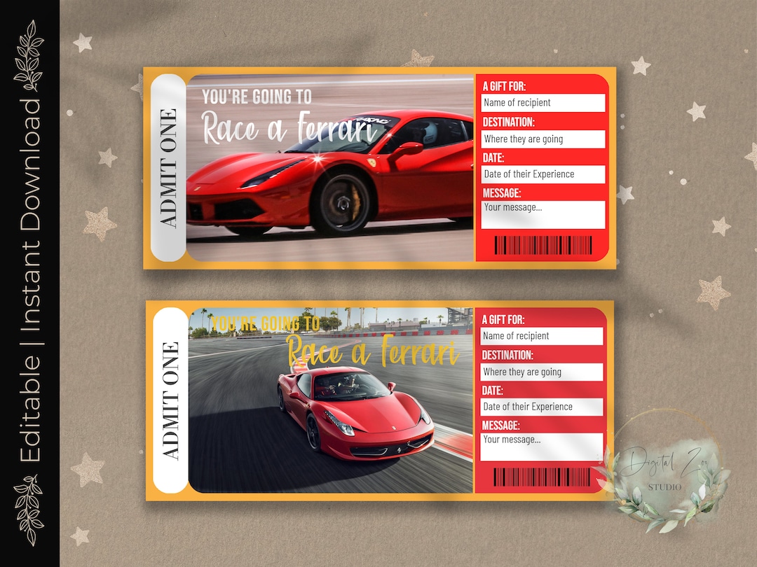 Printable RACE A FERRARI Surprise Reveal Ticket, Gift Voucher, Editable ...