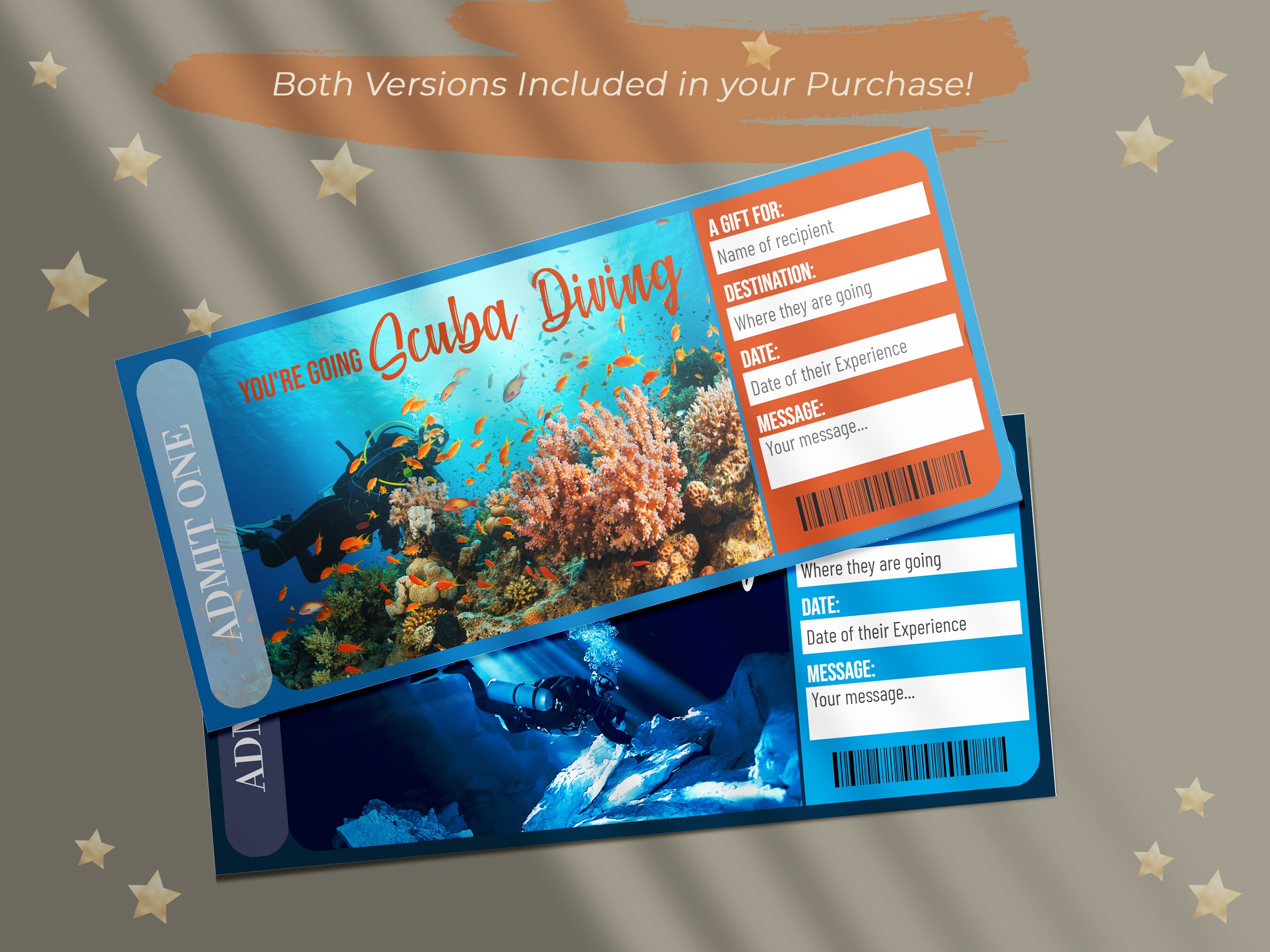 Printable SCUBA DIVING Surprise Reveal Ticket, Gift Voucher, Editable ...
