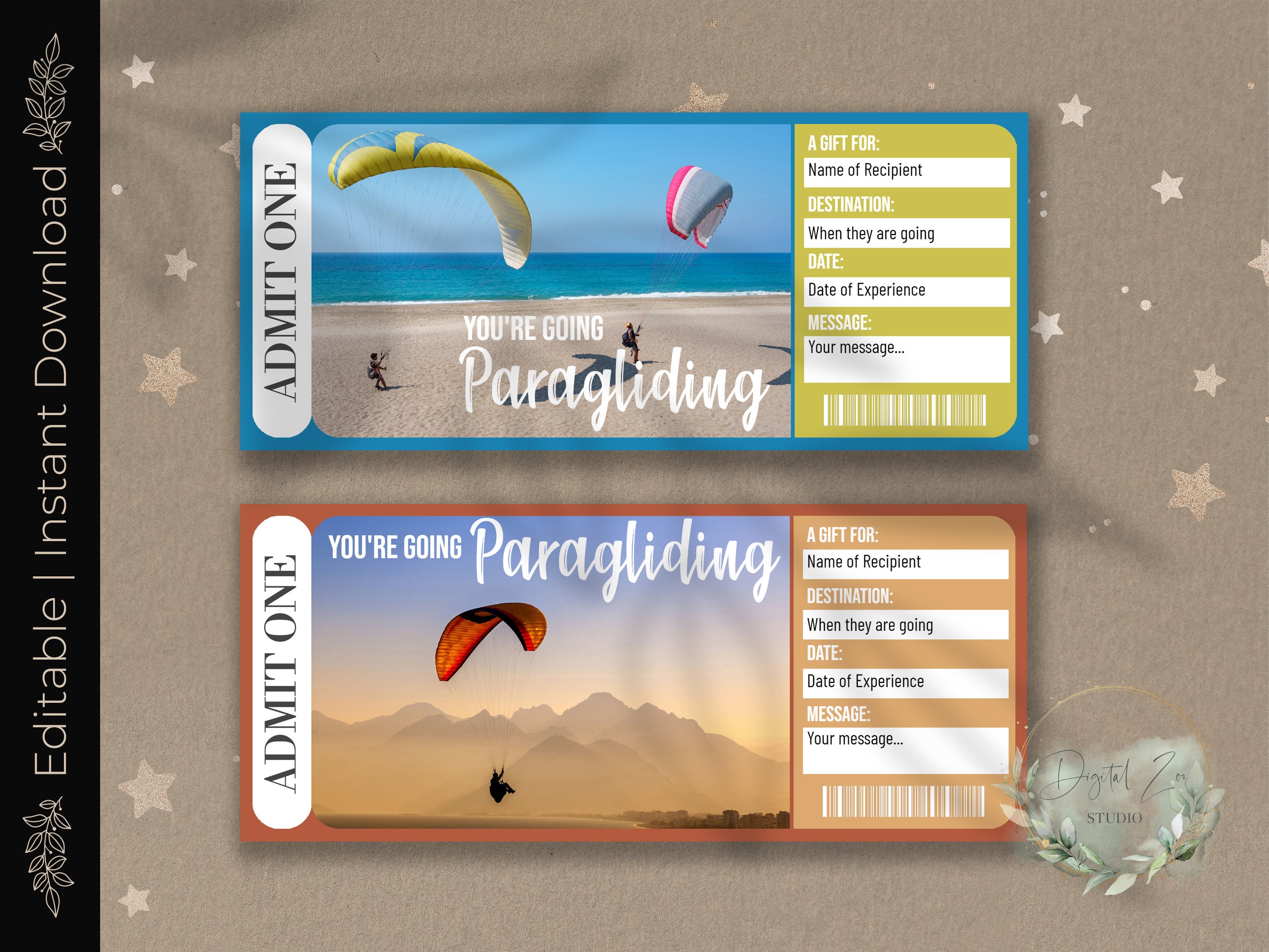 Printable PARAGLIDING Surprise Reveal Ticket, Gift Voucher, Editable ...