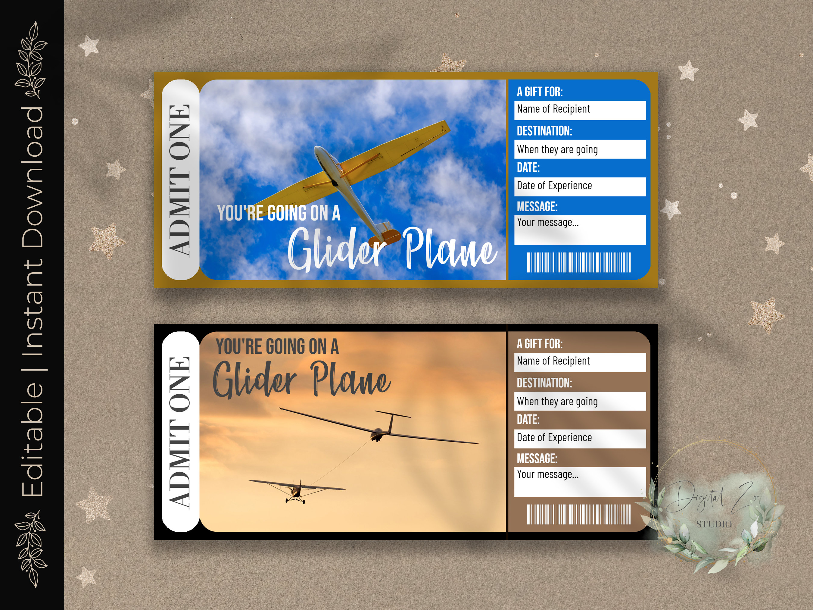 Printable GLIDER PLANE Surprise Reveal Ticket, Gift Voucher, SAILPLANE ...