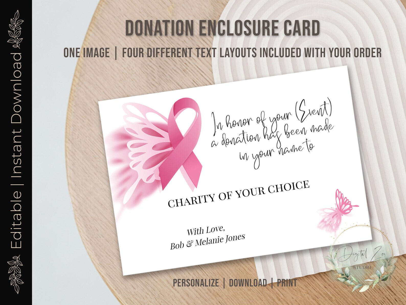 Printable DONATION ENCLOSURE CARD, Editable Breast Cancer Donation ...