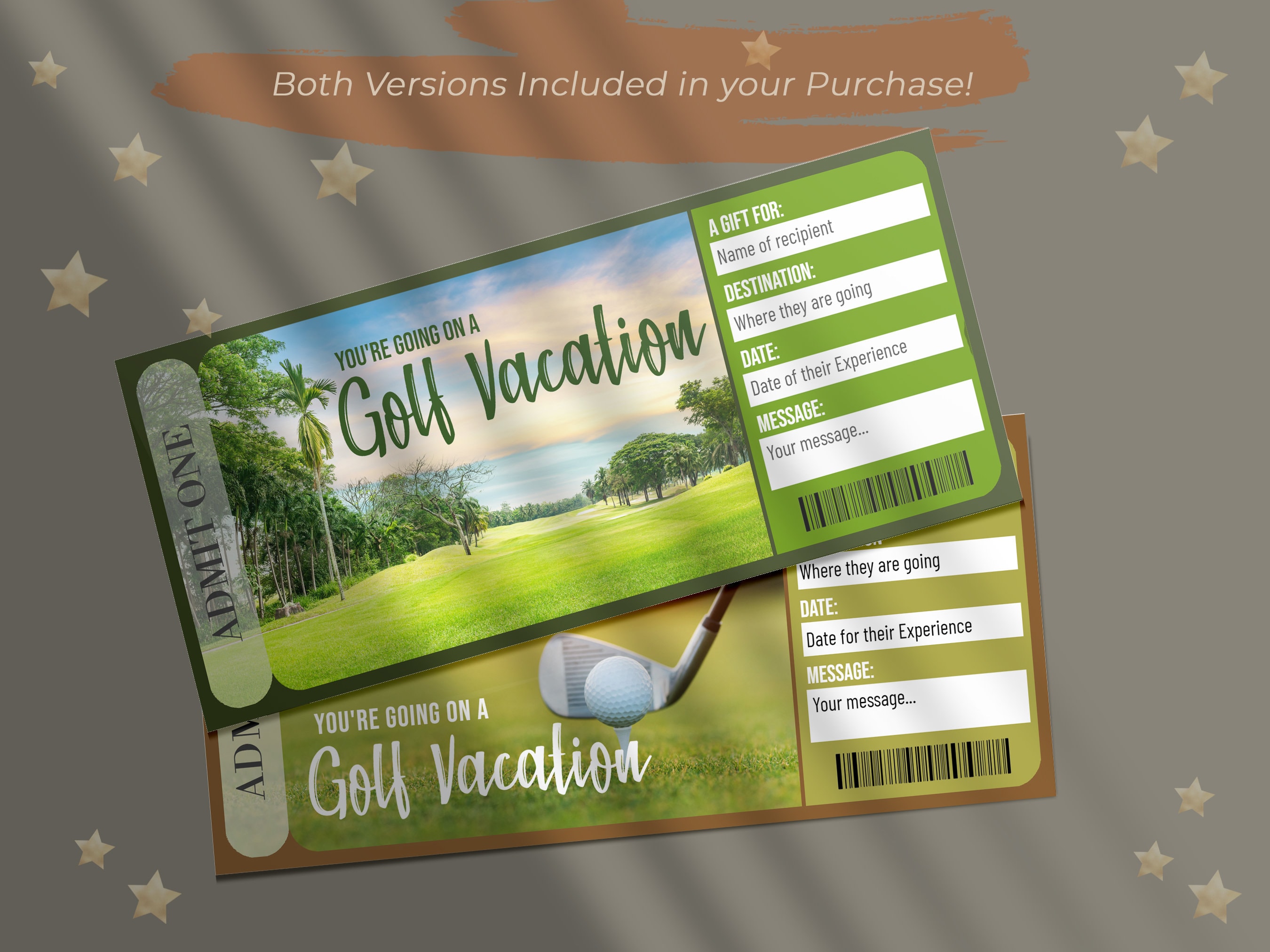 Printable GOLF VACATION Surprise Reveal Ticket, Gift Voucher, Editable ...