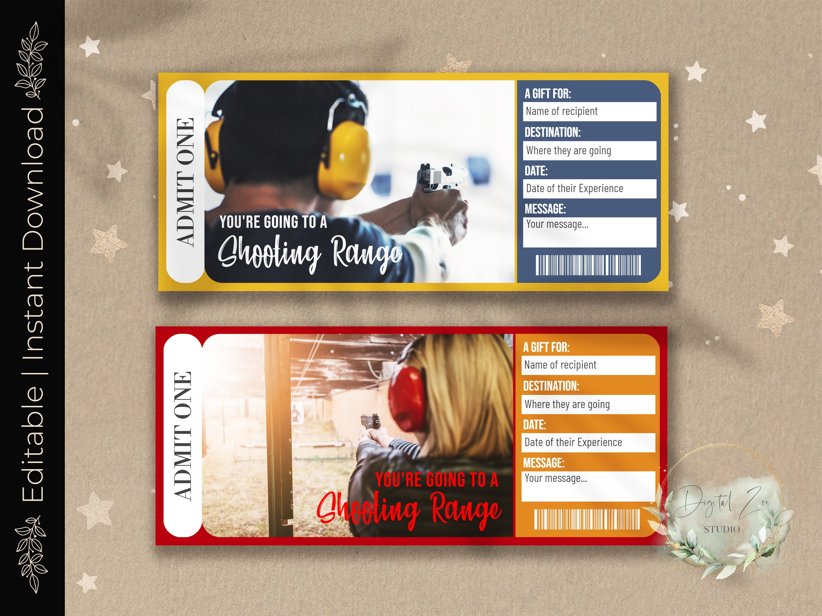 Printable SHOOTING RANGE Surprise Reveal Ticket, Gift Voucher, Editable ...