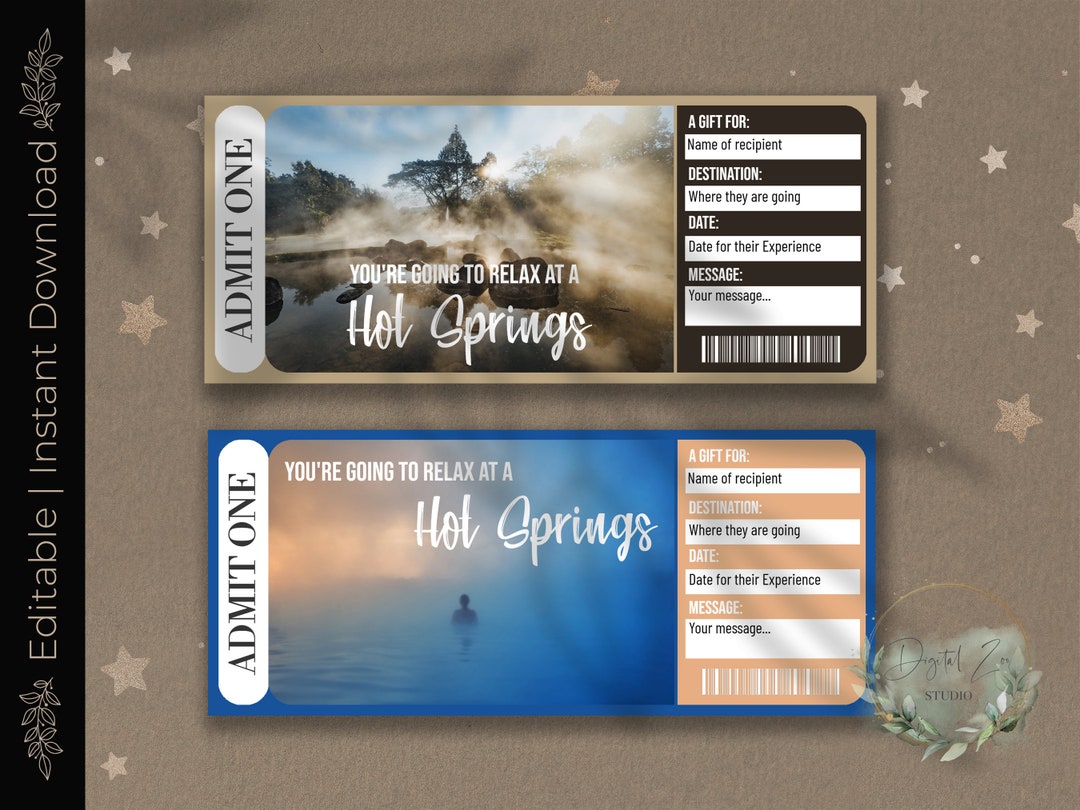 Printable HOT SPRINGS Surprise Reveal Ticket, Gift Voucher, Editable ...