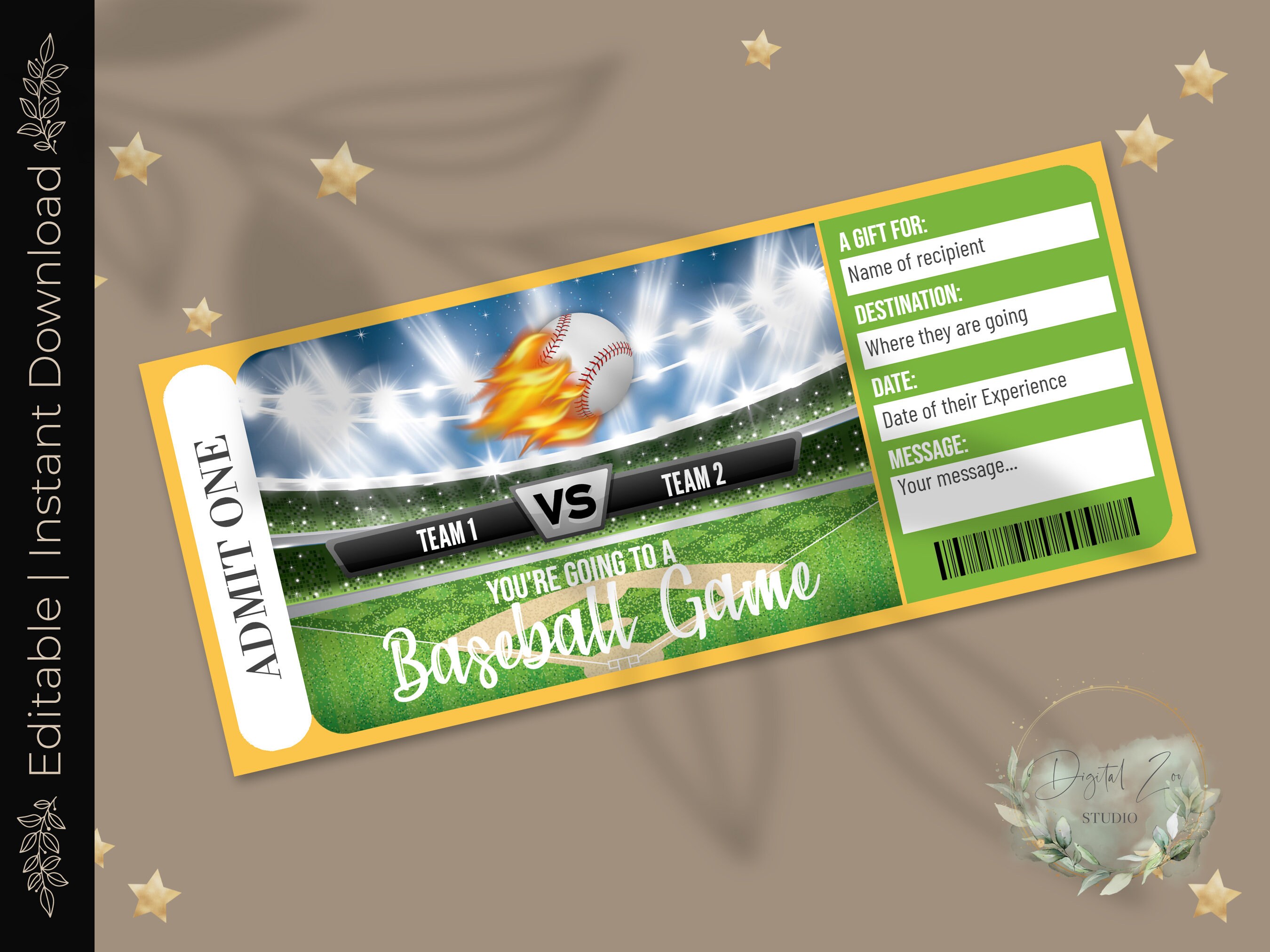 Printable BASEBALL GAME Surprise Reveal Ticket, Gift Voucher, Editable ...