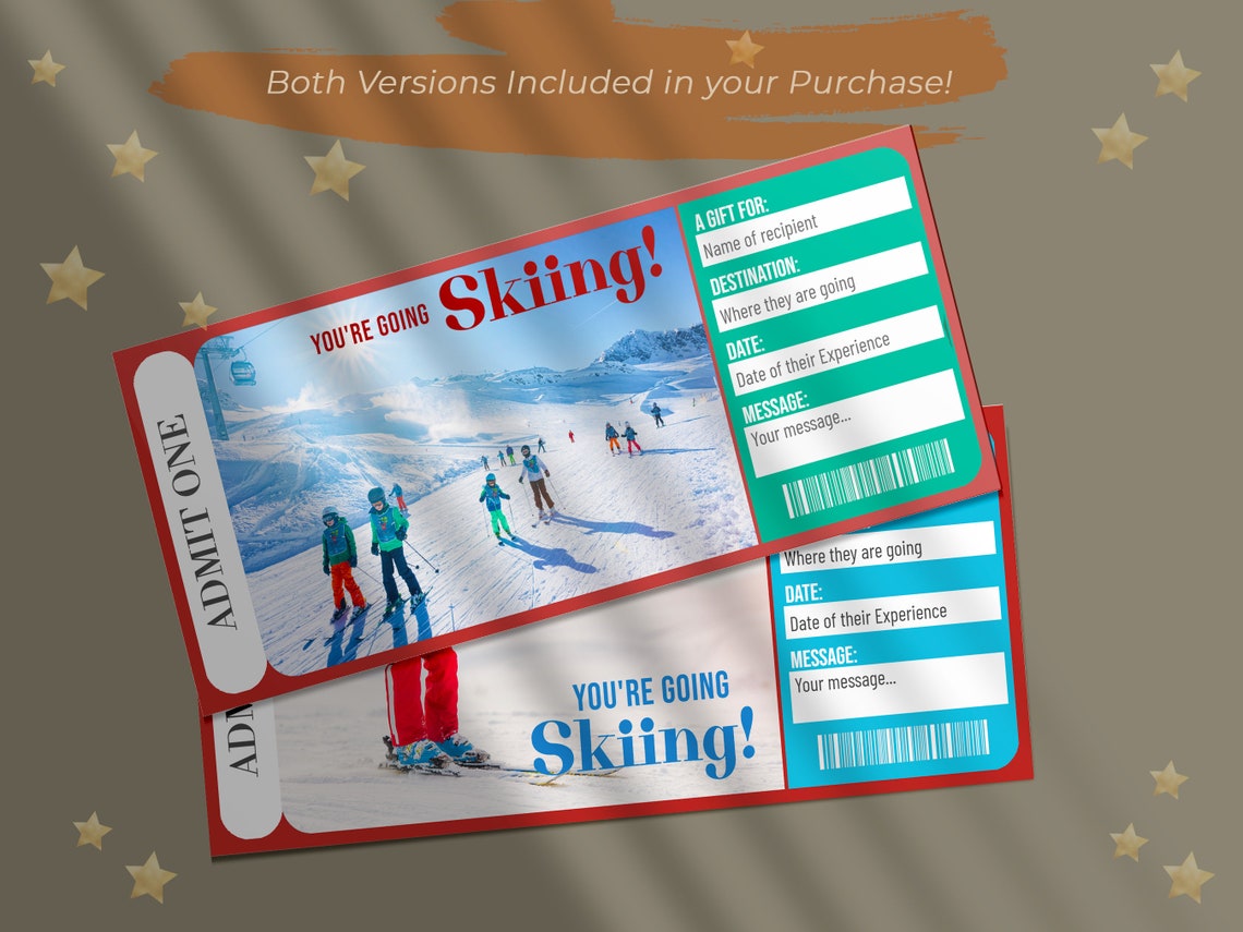 Printable Kids SKIING Surprise Reveal Ticket, Gift Voucher, Editable ...