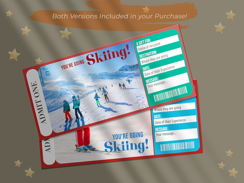 Printable Kids SKIING Surprise Reveal Ticket, Gift Voucher, Editable ...