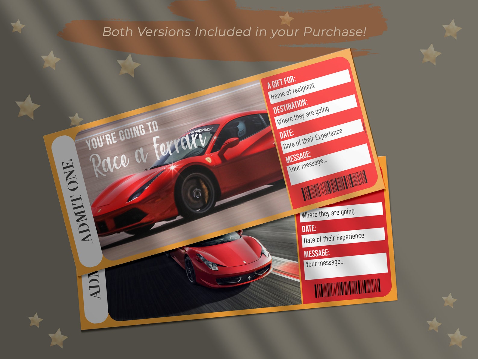 Printable RACE A FERRARI Surprise Reveal Ticket, Gift Voucher, Editable ...
