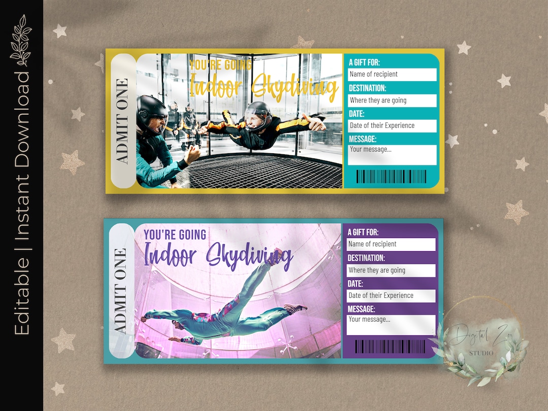 Printable INDOOR SKYDIVING Surprise Reveal Ticket, Gift Voucher ...