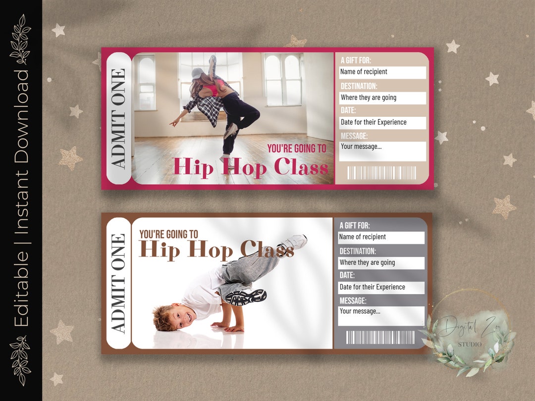 Printable HIP HOP CLASS Surprise Reveal Ticket, Gift Voucher, Editable ...