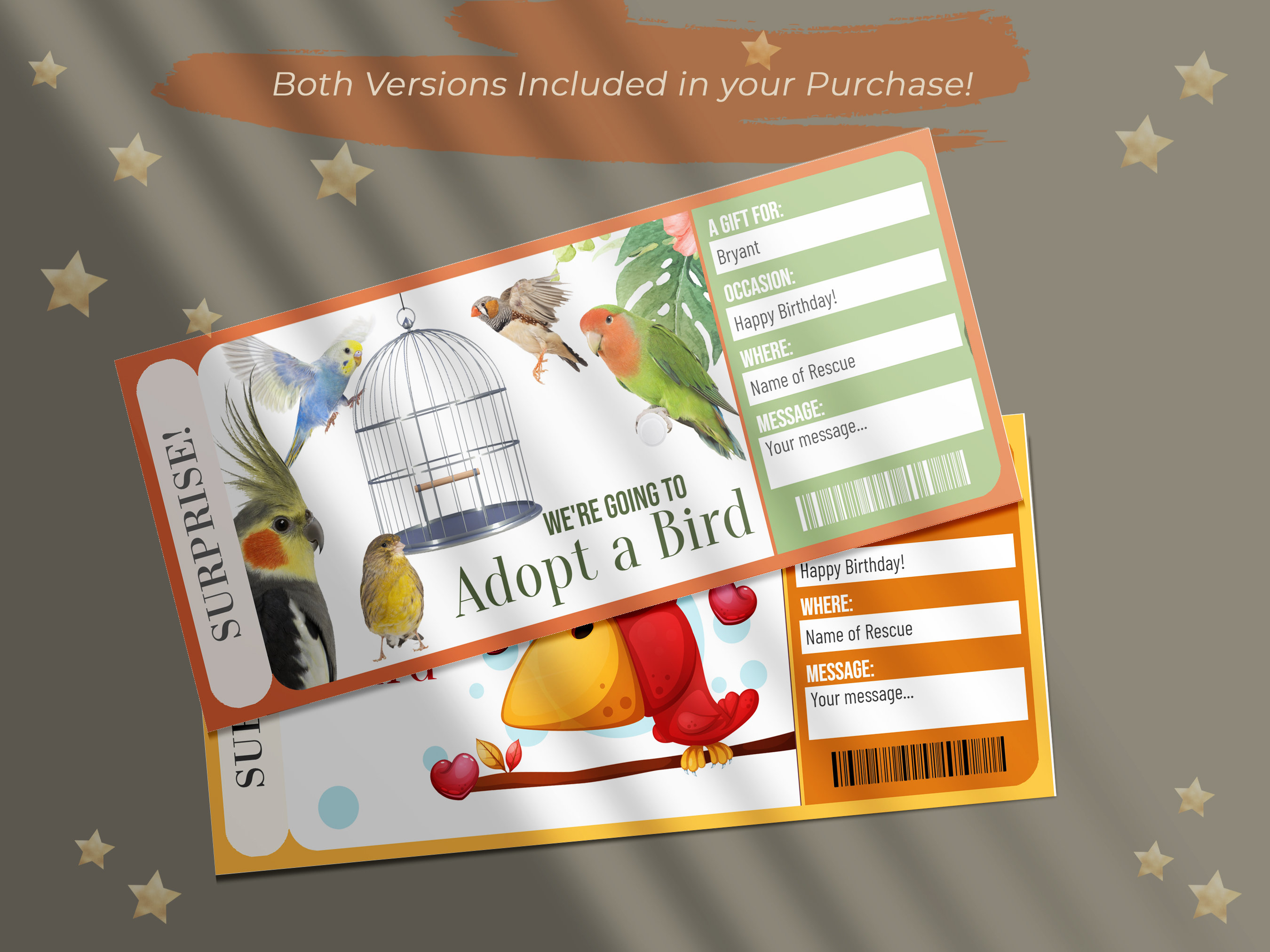 Printable BIRD GIFT Surprise Reveal Ticket, ADOPT a Bird Gift Voucher ...