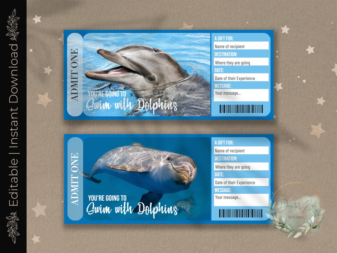 Printable SWIM WITH DOLPHINS Surprise Reveal Ticket, Gift Voucher ...