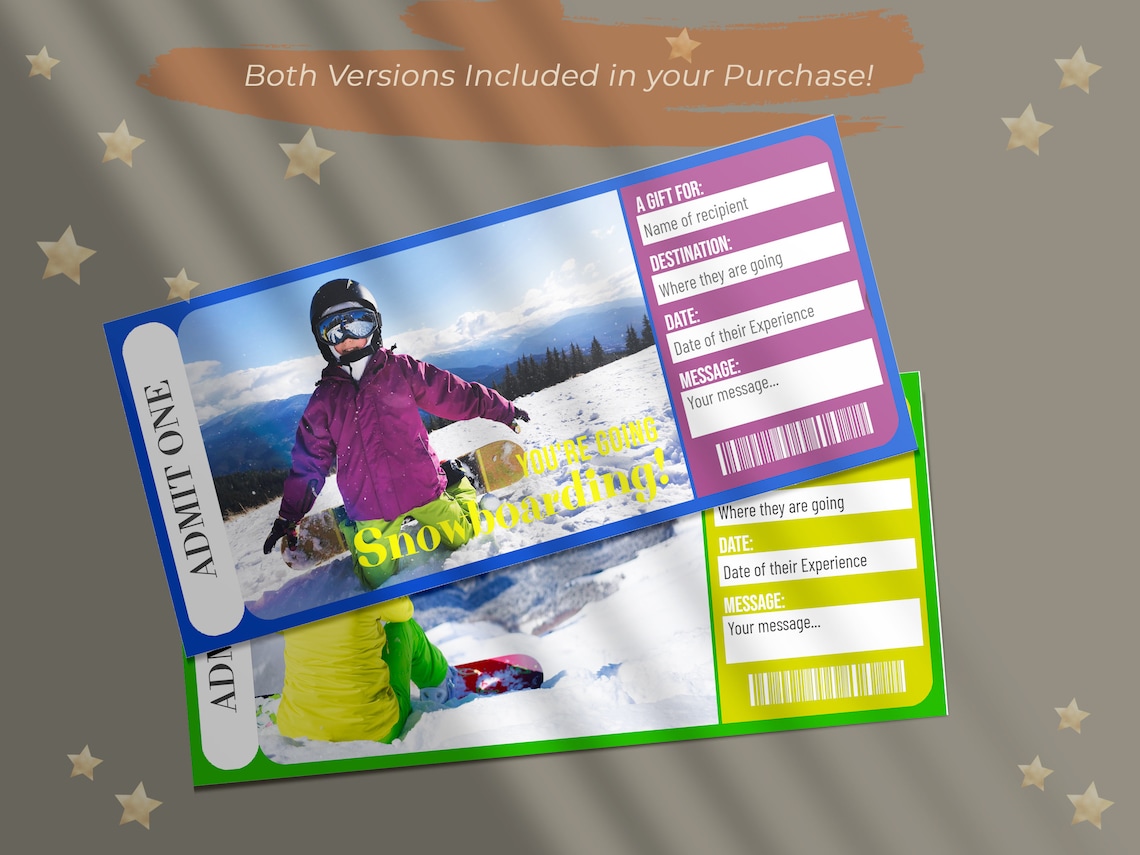 Printable KIDS SNOWBOARDING Surprise Reveal Ticket, Gift Voucher ...