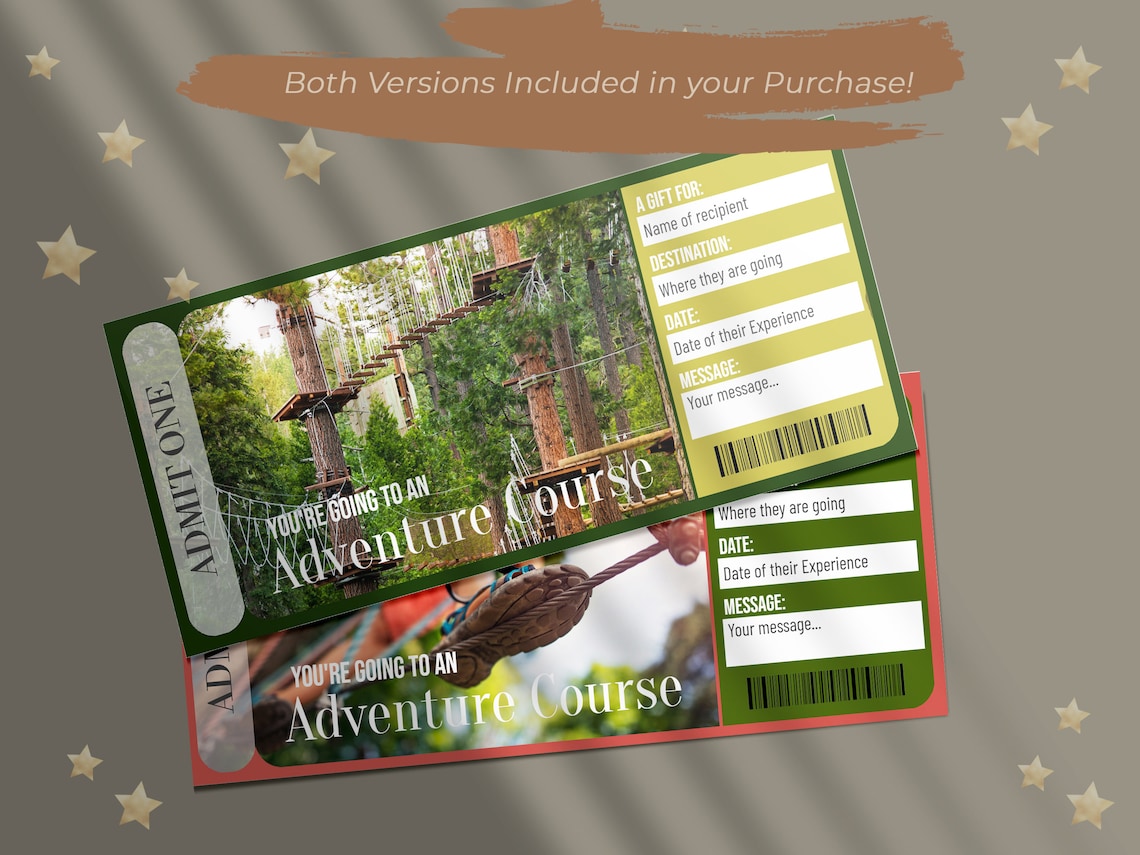 Printable ADVENTURE COURSE Surprise Reveal Ticket, Gift Voucher ...
