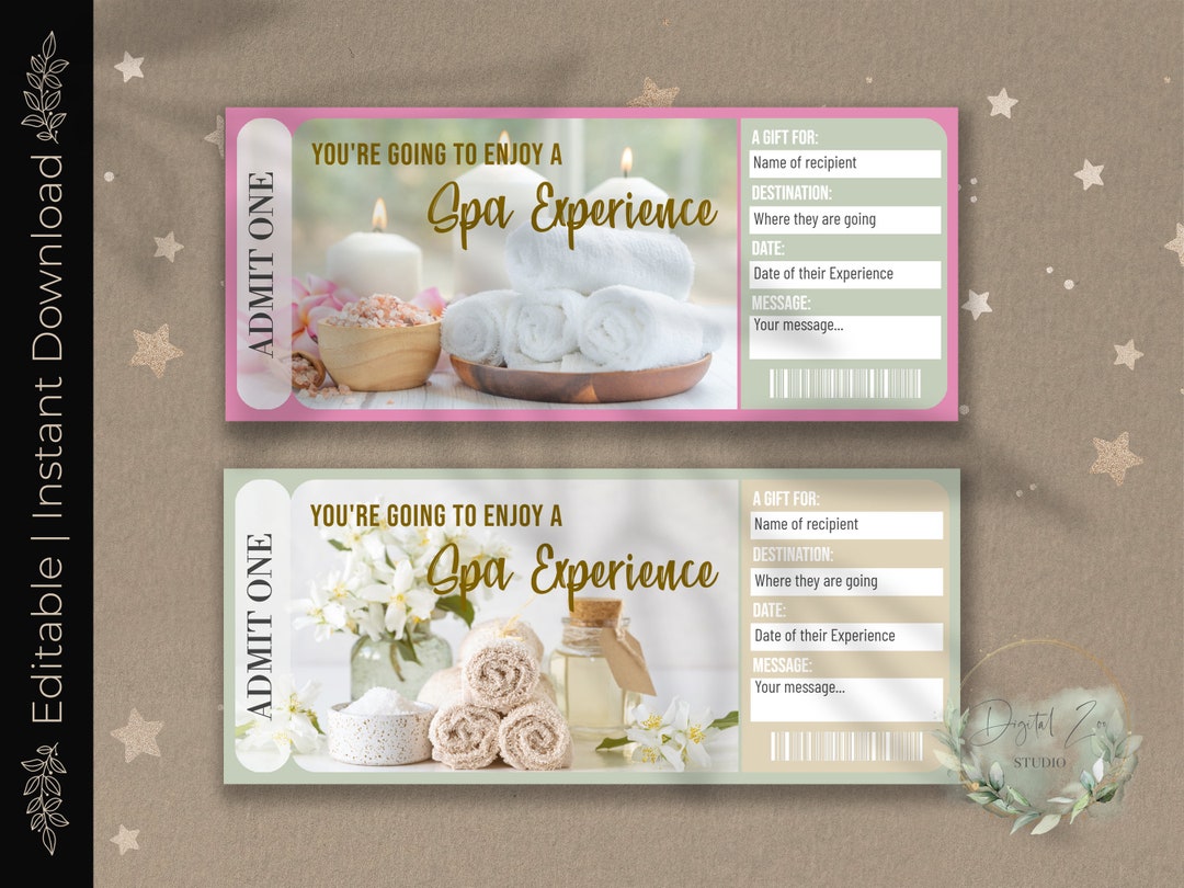 Printable SPA EXPERIENCE Surprise Reveal Ticket, Gift Voucher, Editable ...