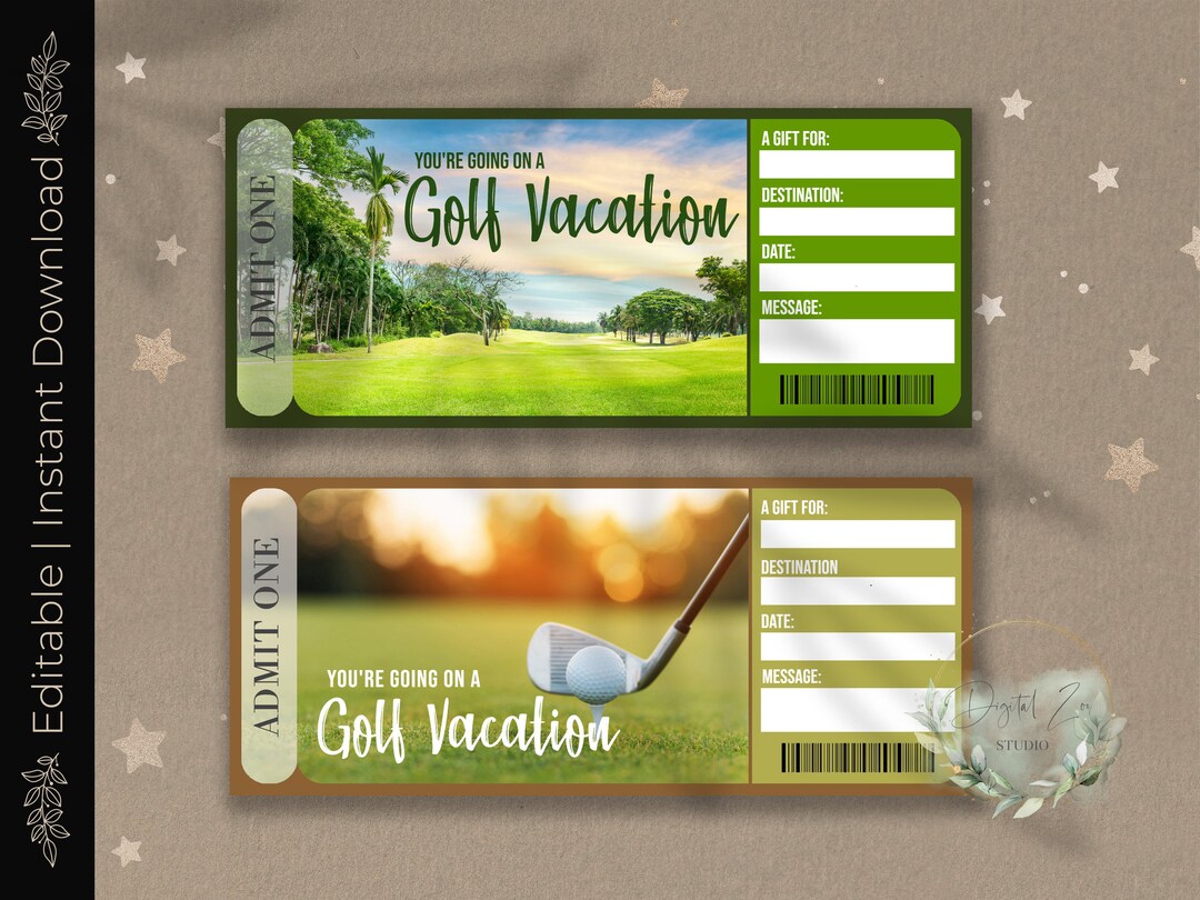 Printable GOLF VACATION Surprise Reveal Ticket, Gift Voucher, Editable ...