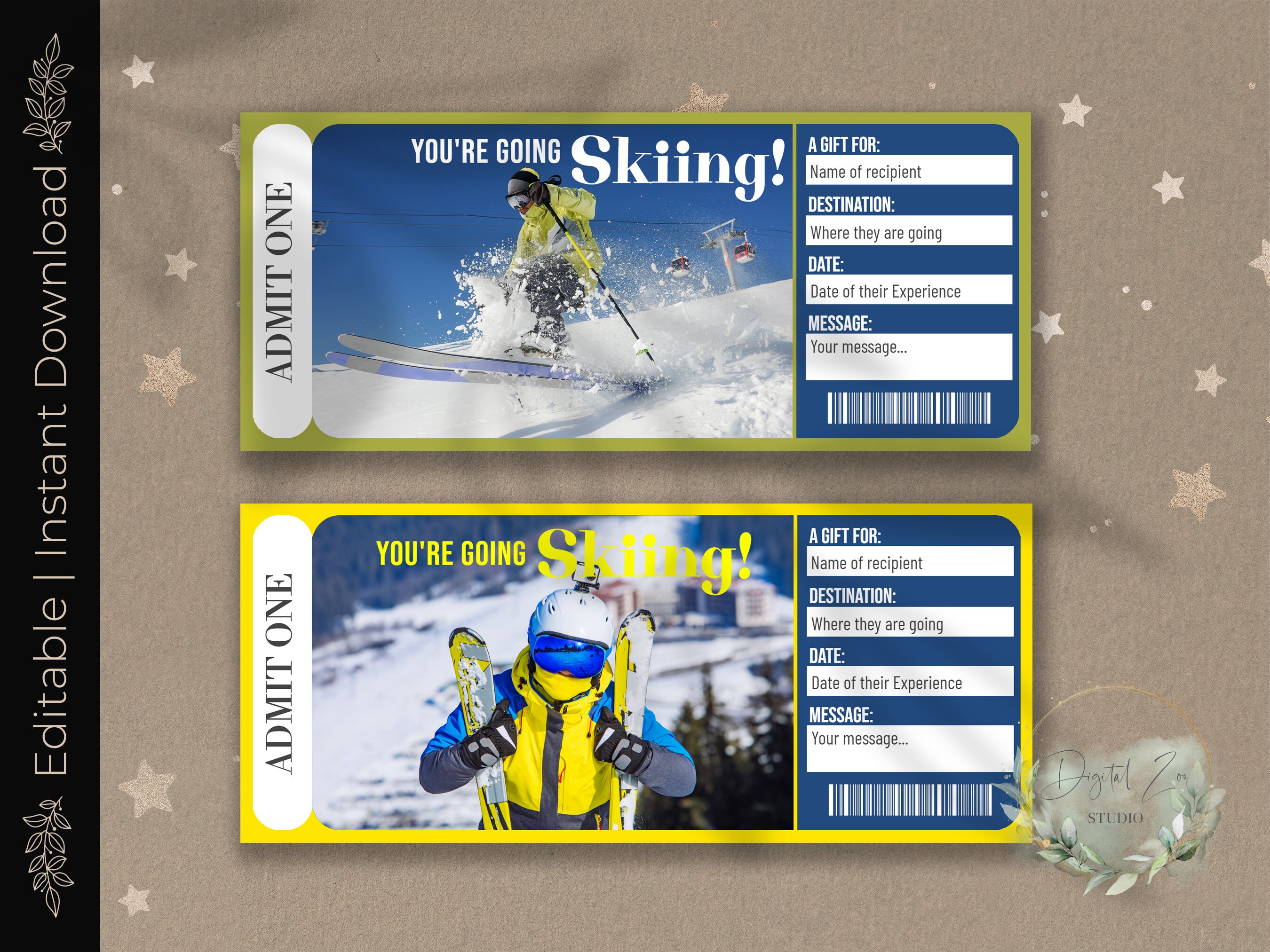 Printable SKIING Surprise Reveal Ticket, Gift Voucher, Editable Event ...