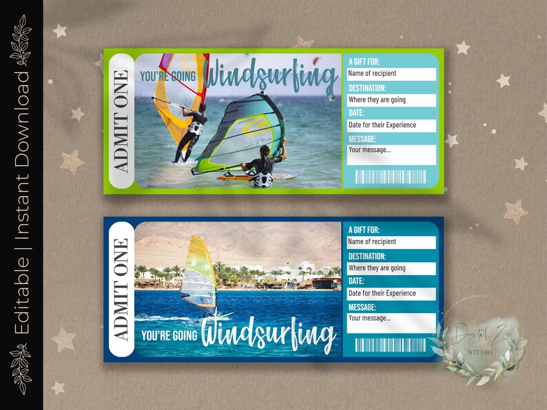 Printable WINDSURFING Gift Reveal Ticket, Customizable (digital ...