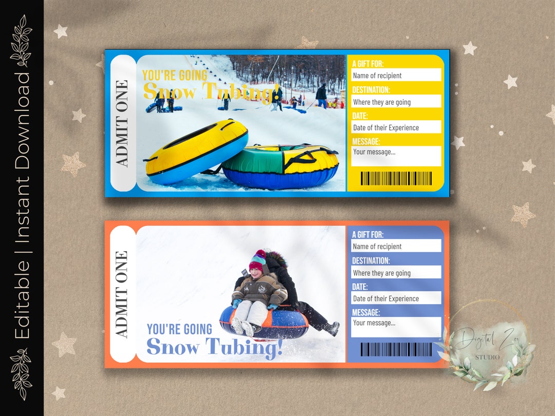 Printable SNOW TUBING Surprise Reveal Ticket, Gift Voucher, Editable ...