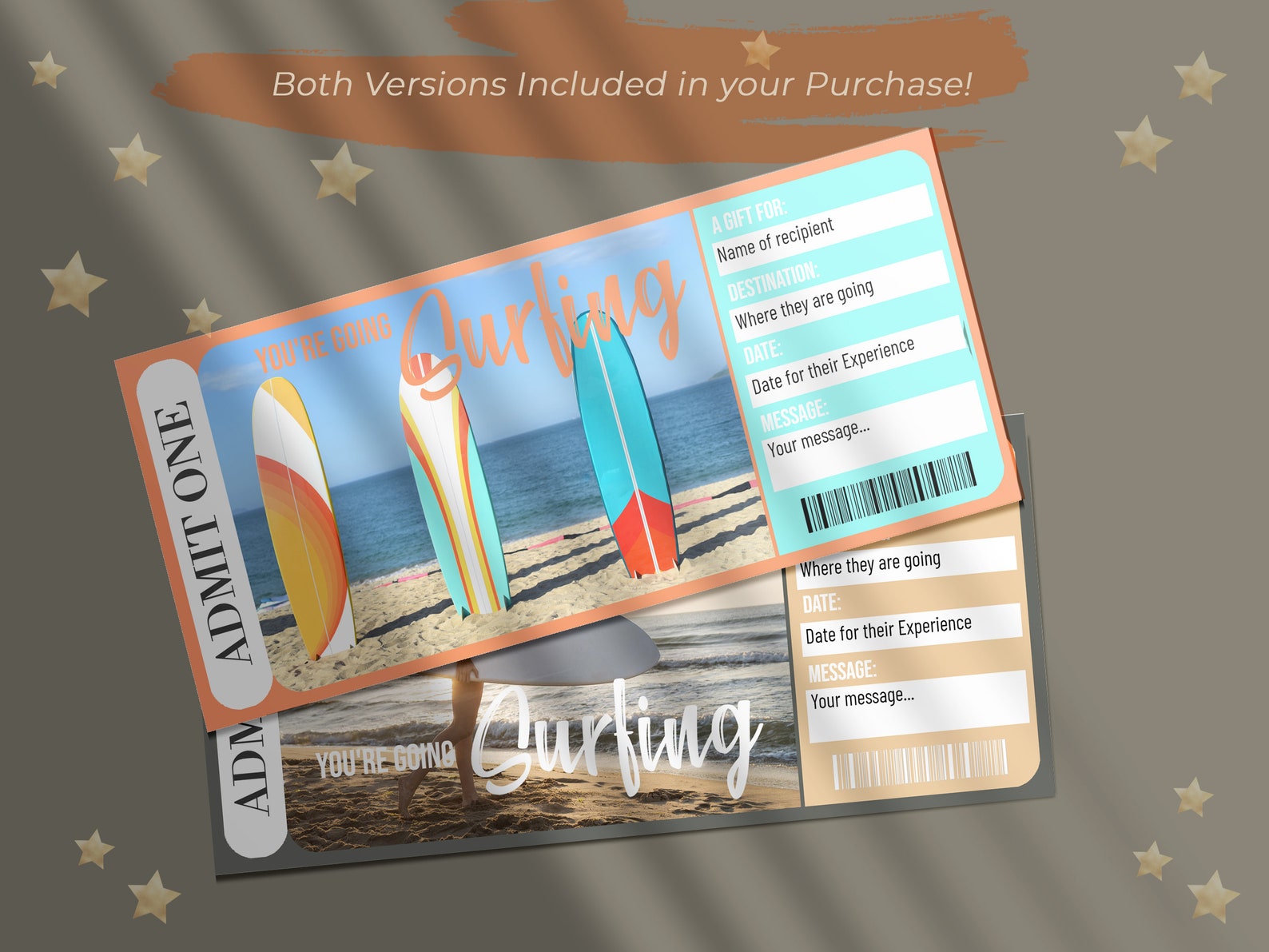 Printable SURFING Gift Reveal Ticket, Customizable (digital Download ...