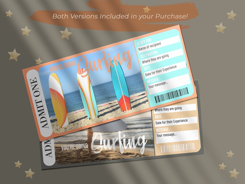 Printable SURFING Experience Gift Reveal Ticket, Surprise Gift for ...
