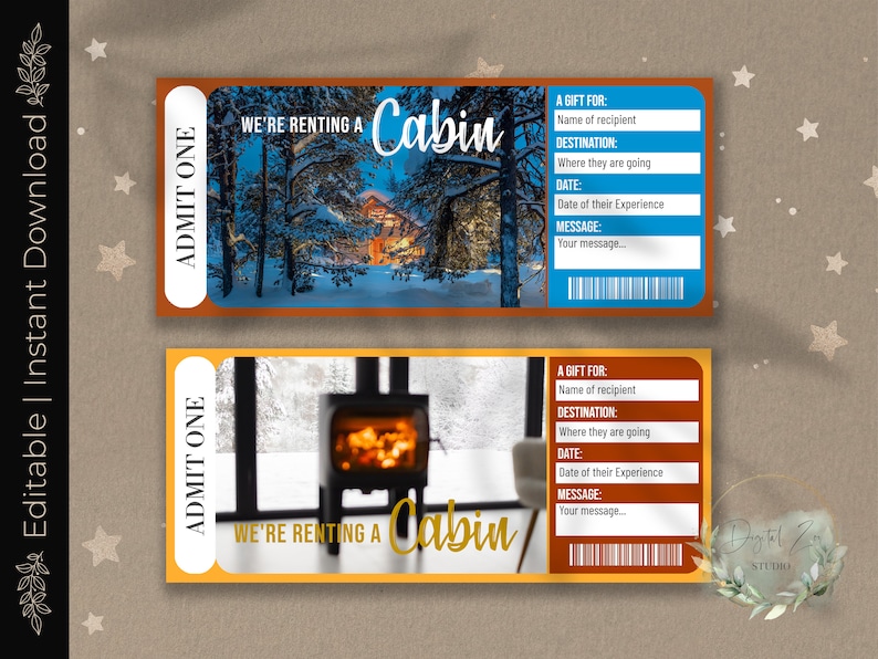 Printable CABIN RENTAL VACATION Surprise Reveal Ticket, Gift Voucher ...