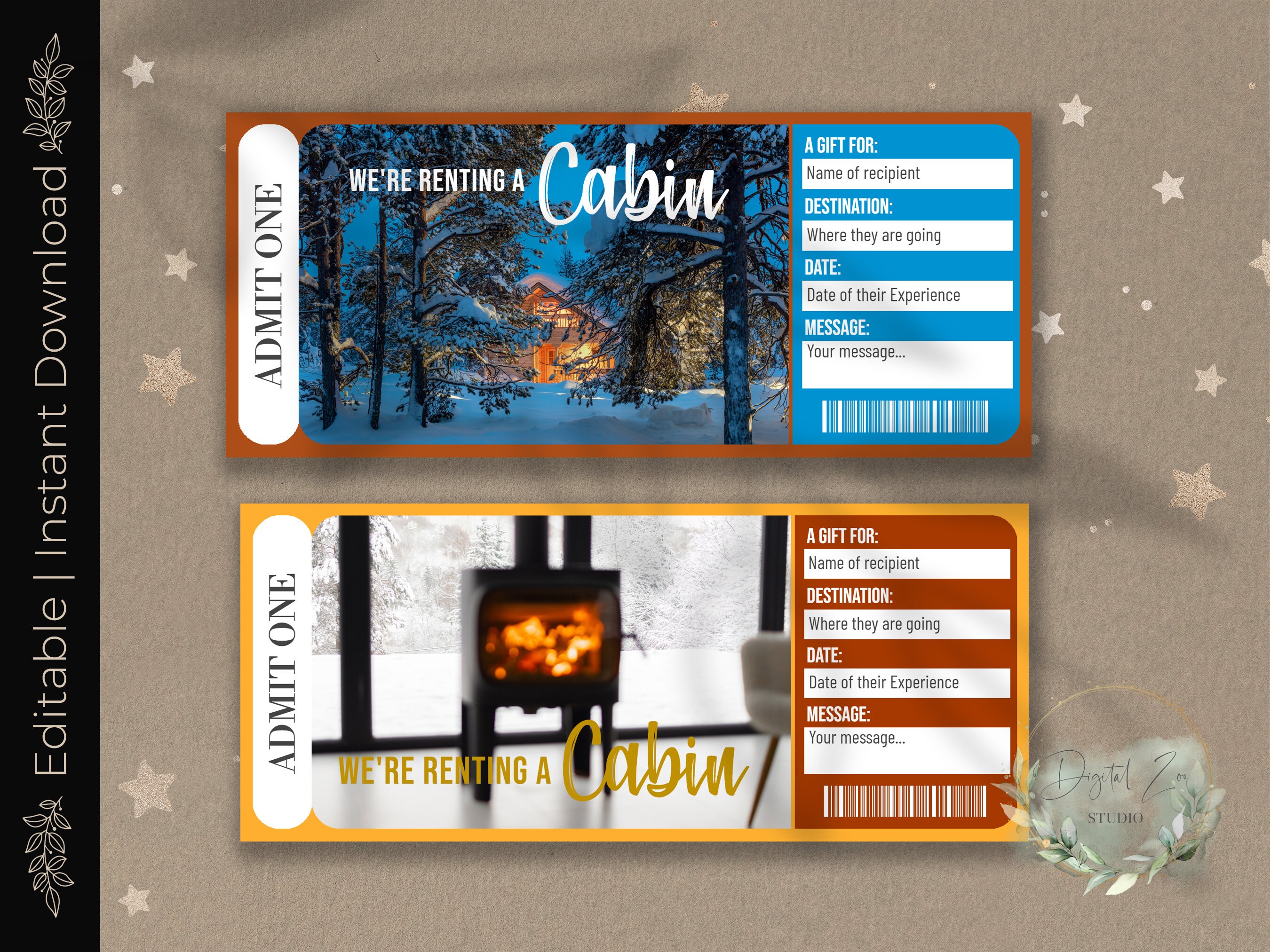 Printable CABIN RENTAL VACATION Surprise Reveal Ticket, Gift Voucher ...