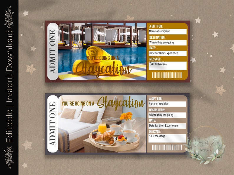 Printable STAYCATION Surprise Reveal Ticket, Gift Voucher, Editable ...