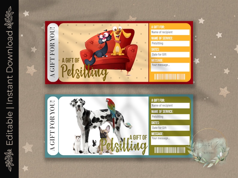 Printable PET SITTING Surprise Reveal Ticket, Gift Voucher, Editable ...