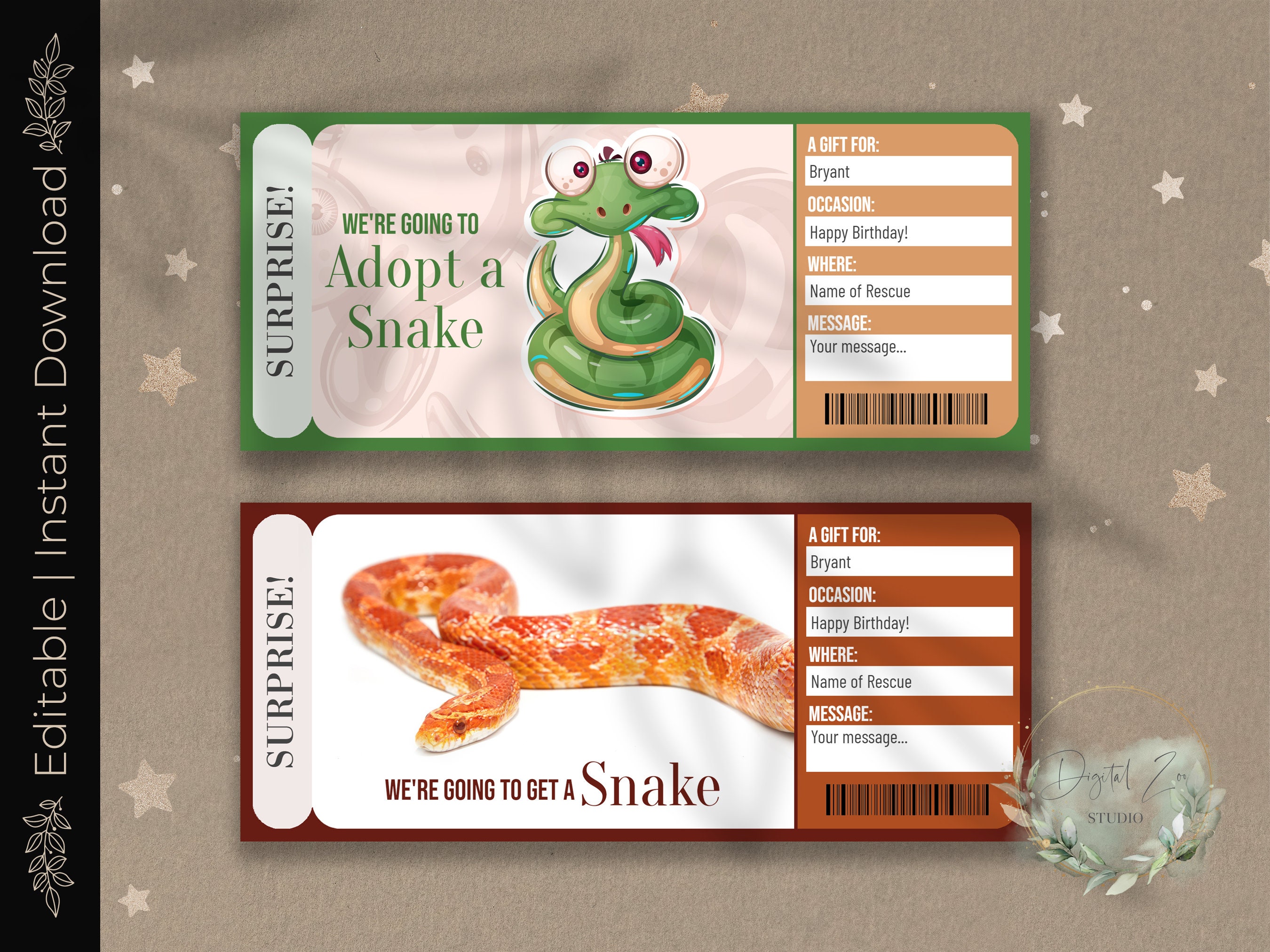 Printable SNAKE ADOPTION Surprise Reveal Ticket, Adopt a Pet REPTILE ...