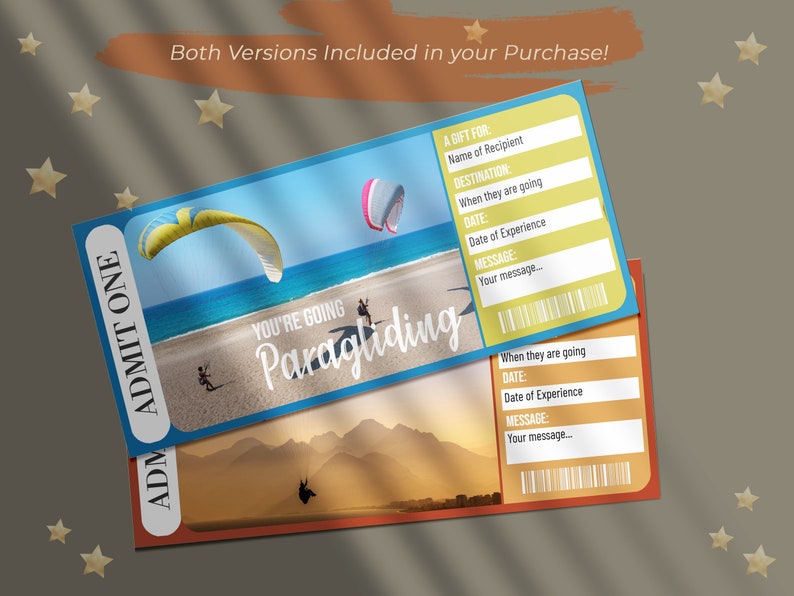 Printable PARAGLIDING Surprise Reveal Ticket, Gift Voucher, Editable ...